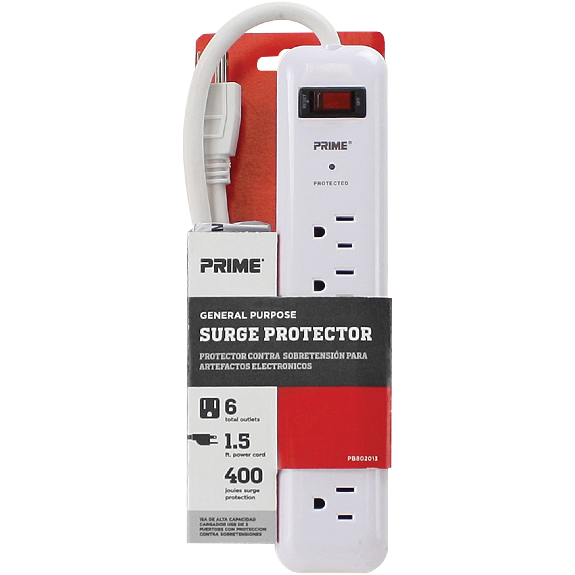 Prime Surge Protector, 6 Outlets, 400 J, 1875 W, 2' Cord XC616 | Fastek